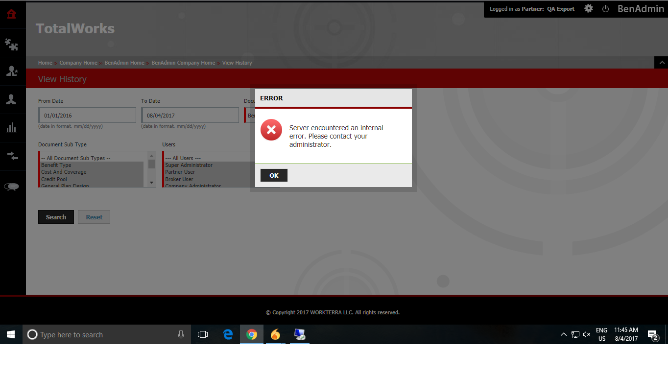 Wt 10437 Functional Partner Login Totalworks View History Server Error Workterra Jira